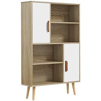 HOMCOM Biblioth&egrave;que scandinave 4 niches + 2 placards avec &eacute;tag&egrave;re dim. 80L x 24l x 123H cm Pieds effil&eacute;s inclin&eacute;s Bois Massif Ch&ecirc;ne