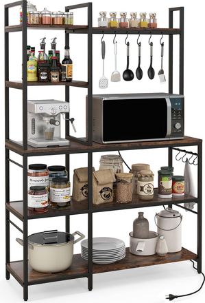 Giantex Giantex K&uuml;chenregal mit 5 Ebenen, Mikrowellenst&auml;nder mit 2 Steckdosen, 10 S-Haken, Metallrahmen, verstellbare F&uuml;&szlig;e, Kippschutz, Kaffeebar, Regal f&uuml;r K