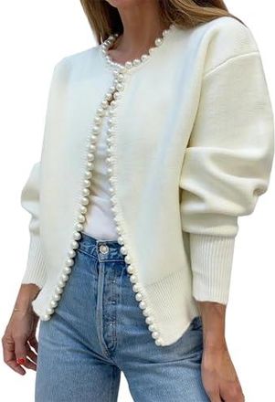 Generic Cardigan décontracté en tricot perlé pour femme, cardigan dautomne, cardigan à manches longues avec bordure en perles, blanc, XL