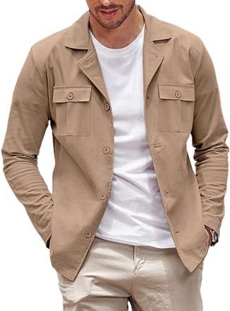 Coofandy Chemise boutonnée décontractée à manches longues pour homme, veste légère avec poches, kaki foncé, Medium
