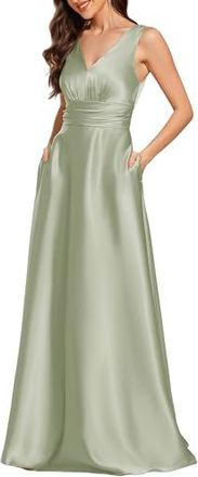 Ever-pretty Robe de Demoiselle dhonneur Femme Satin Poches Col V Taille Empire sans Manches Verte Menthe 44