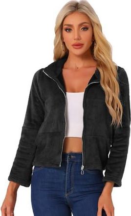 Allegra K Veste Polaire Courte pour Femme à Col Montant Manteau Court dHiver en Fausse Fourrure Blouson Chaude à Fermeture Éclair Noir M