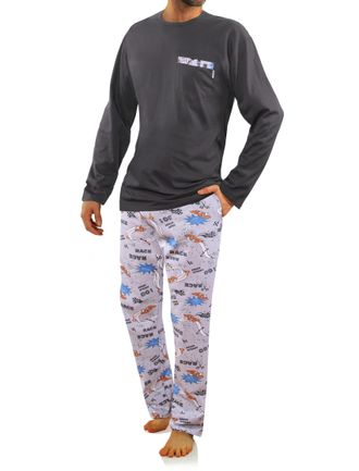 Sesto Senso Herren Schlafanzug Lang Baumwolle Pyjama Langarm Shirt Pyjamahose mit Tasche 3XL 2660-09 Graphit Rennwagen