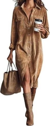 Generic Robe chemise midi boutonnée en velours côtelé pour femme, robe midi décontractée à manches longues, col en V boutonnée, kaki, XXL