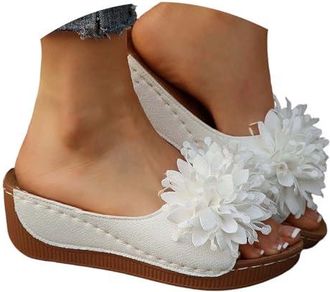 Generico Sandales d&eacute;t&eacute; &agrave; plateforme pointe, talon slip-on design floral, respirant, chaussures de plage d&eacute;contract&eacute;es larges, Blanc, 36 EU Larga