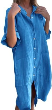 Generico YIzdegg Hauts pour femme - Grande taille - Robe chemisier en lin - Manches longues - Chemise dété ample élégante - Chemisier dété en mousseline pour f