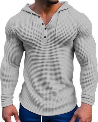 Generic Henley Sweat &agrave; capuche gaufr&eacute; pour homme, t-shirt Henley gaufr&eacute; avec cordon de serrage, coupe muscl&eacute;e, manches longues, sweat &agrave; capuche pour homme, sw