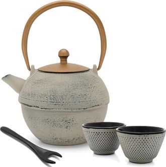 Bredemeijer Gusseisen Teekanne Set Induktion1.2 Liter - graue Gusskanne asiatisch & Edelstahl Tee-Filter Sieb-Einsatz für losen Tee & Teebecher (2 Tassen) & Decke