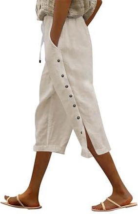 Generic IQYU Pantalon d&eacute;t&eacute; l&eacute;ger 3/4 pour femme - Pantalon sarouel - Pantalon d&eacute;t&eacute; l&eacute;ger - Avec fente - Pantalon d&eacute;t&eacute; ample - Pantalon d&eacute;t&eacute; l&eacute;ger - Taille hau