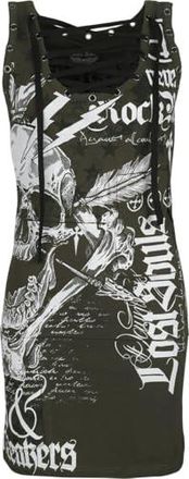 Rock Rebel by EMP Femme Robe Courte Olive avec imprim&eacute;s d&eacute;taill&eacute;s Rock Rebel et Divers Patchs XL