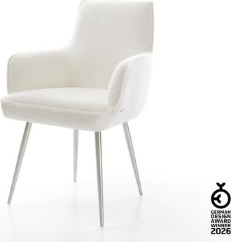 DELIFE Esszimmerstuhl Heira-Flex mit Armlehnen Boucl&eacute; Soft Beige 4-Fu&szlig; konisch Edelstahl Taschenfederkern, Esszimmerst&uuml;hle