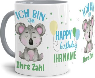 Tassendruck Tasse zum Geburtstag f&uuml;r Jungen mit s&uuml;&szlig;em Tiermotiv Koala - personalisierbar mit Name und Alter - Innen & Henkel Grau, hochwertige Keramik, 300 ml