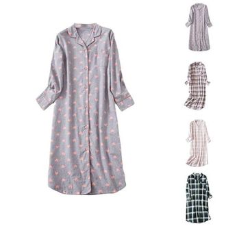 Generic Chemise de nuit en flanelle pour femme - Pyjama surdimensionn&eacute; &agrave; boutons - Imprim&eacute; coeur - V&ecirc;tement de nuit imprim&eacute; &agrave; carreaux - Chemise de nuit en co