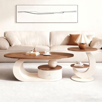 Generic Ovaler Couchtisch, 2er-Set, moderner, runder Beistelltisch mit Schubladen und Stauraum, bodenstehende Wohnzimmer-Mitteltische mit rundem Beistelltisch