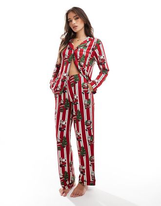 Chelsea Peers Pyjama de No&euml;l unisexe en polyester &agrave; rayures motif P&egrave;re No&euml;l avec haut manches longues avec col &agrave; revers et pantalon-Multicolore