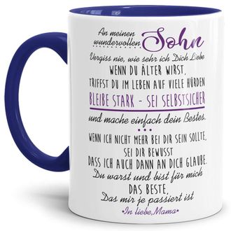 Tassendruck Tasse mit Spruch von der Mama f&uuml;r den Sohn - Kaffeetasse/Familie/Geschenk-Idee/Mug/Cup/Innen & Henkel Dunkelblau