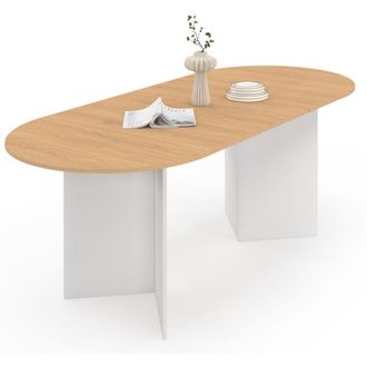IDMarket Table &agrave; manger extensible ovale MARTHE 6 -10 personnes bois fa&ccedil;on h&ecirc;tre et blanc 160-200 cm