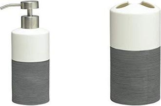 Sealskin Seifenspender Doppio, Porzellan, Farbe: Grau, handbemalt & Zahnbürstenhalter Doppio, Zahnputzbecher aus natürlichem Porzellan, Farbe: Grau, handbemalt