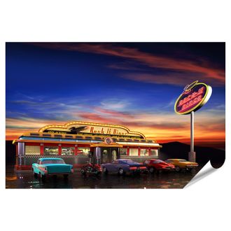 Islandburner XXL Bild Poster Rock n Roll Diner bei Sonnenuntergang mit Oldtimern und Leuchtreklame Premium Bilder Fotodruck