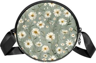 Generic Petit sac &agrave; bandouli&egrave;re rond pour femme, motif marguerites avec fermeture &eacute;clair, bretelles r&eacute;glables, sac &agrave; main rond d&eacute;contract&eacute; pour femmes et fill