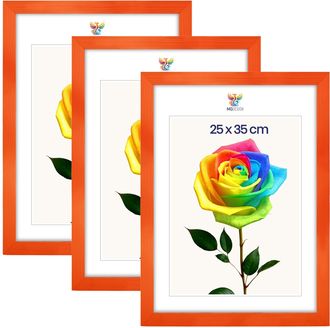 MG Design 3er Set Bilderrahmen 25 x 35 cm - Fotorahmen mit Orange Echtholzrahmen und bruchsicherem Acrylglas, Hoch & Quer zum Aufh&auml;ngen, zum Aufstellen