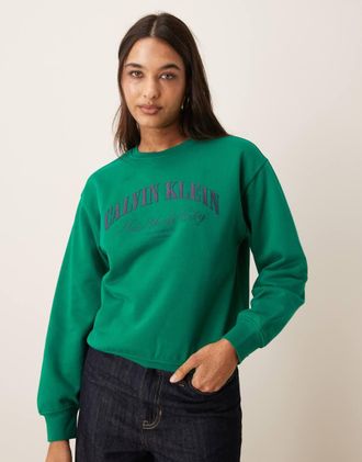 Calvin Klein Jeans Sweatshirt in Gr&uuml;n mit Rundhalsausschnitt und Logo-Grafikprint