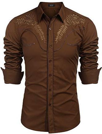 Coofandy Coofandy Chemise Western &agrave; Manches Longues pour Homme, Coupe ajust&eacute;e, brod&eacute;e, Style Cowboy, d&eacute;contract&eacute;e, boutonn&eacute;e - - Taille L