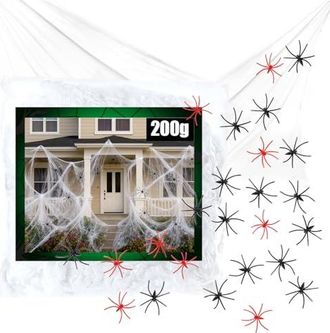 Com-Four Kit de d&eacute;coration 25 pi&egrave;ces pour Halloween - Toile daraign&eacute;e Extensible 200g avec 24 araign&eacute;es en 2 Couleurs - Toile daraign&eacute;e pour Halloween, Carnava