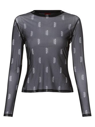 HUGO BOSS Langarmshirt Damen Mesh Rundhals gemustert, schwarz