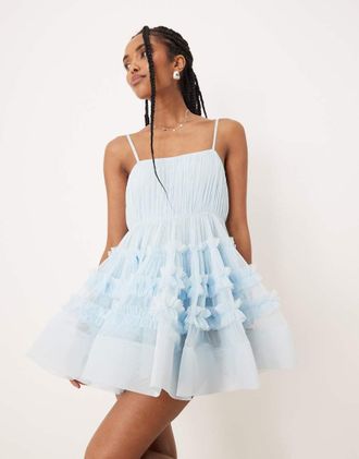 Lace & Beads Robe babydoll courte en tulle avec volants et d&eacute;tail body - Bleu pastel