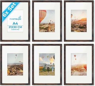 Photolini Cadre A4 21 x 30 bois MDF ch&ecirc;ne fonc&eacute;, lot de 6 cadres photo avec passe-partout pour posters et affiches, verre acrylique incassable, &agrave; suspendre, acc
