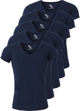 Young & Rich Herren Uni T-Shirt mit extra tiefem V-Ausschnitt Slimfit Stretch Dehnbare Passform einfarbiges Basic Shirt - 5er Pack, Gr&ouml;sse:XXL, Farbe:Dunkelblau