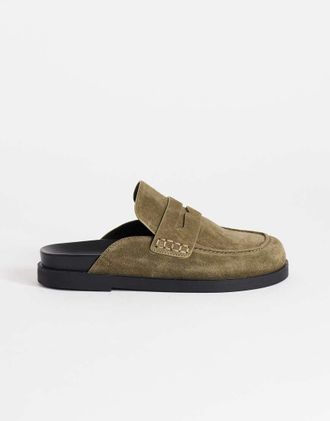 Topshop Addie - Mules im Loafer-Design aus echtem Wildleder in Khaki-Gr&uuml;n