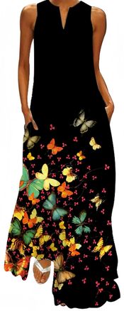 Ocean Plus Damen Ärmelloser Langer Rock V-Ausschnitt Bedrucktes Blumenkleid Ärmelloses Maxikleid mit V-Ausschnitt (XXL, Kleine Blumen und Schmetterlinge)