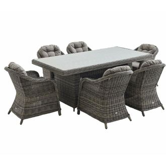 Sweeek Table de jardin 6 places en r&eacute;sine tress&eacute;e arrondis - Lecco - Coussins - 6 fauteuils. 1 grande table Gris / Gris