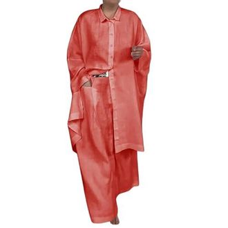 Generic Ensemble de surv&ecirc;tement d&eacute;contract&eacute; en coton et lin pour femme - Chemise de couleur unie - Pantalon large - Combinaison de loisirs pour femme, Rouge, 