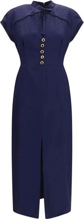 Alessandra Rich Seiden-Midikleid mit Kn&ouml;pfen und Kontrastpaspeln - - Dresses - Damen - Blau - S