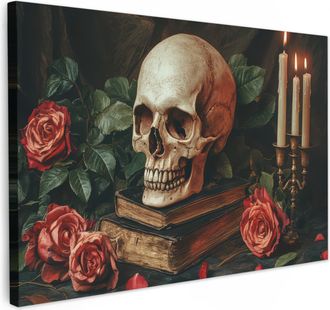 MuchoWow &copy; Leinwand Bilder 90x60 cm Wanddeko Wohnzimmer Aesthetic Room Decor Deko Zimmer Wandbilder Modern Bild auf Leinwand Skelett - Kerzen - Rosen - Sch&auml;del