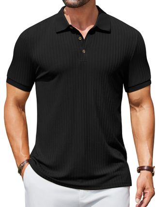 Coofandy Strick Poloshirt Herren Kurzarm Polo Shirts mit Kn&ouml;pfe Geripptes Sommer Polohemd T-Shirt Stretch Golf Shirt Schwarz XXL