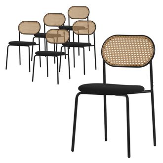 ML Design ML-Design Esszimmerst&uuml;hle 6er Set, Schwarz, K&uuml;chenstuhl mit Rattan R&uuml;ckenlehne, Gepolsterte St&uuml;hle mit gebogener Netzr&uuml;cke, Rattanstuhl mit Metallbein