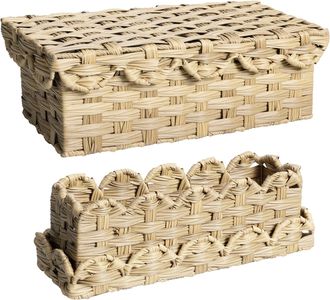 Navaris Aufbewahrungskorb mit gewellten Kanten - 2x Korb geflochten mit Deckel - Körbe Aufbewahrung - Rattan Design Regalkorb - Flechtkorb - Regalkörbe Set