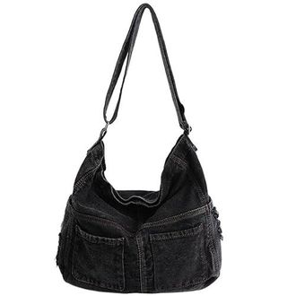 Generic Sac fourre-tout en jean pour femme et fille - Grande capacit&eacute; - Pour voyage, shopping, travail, usage quotidien, Noir, 12.99x4.72x12.2inch