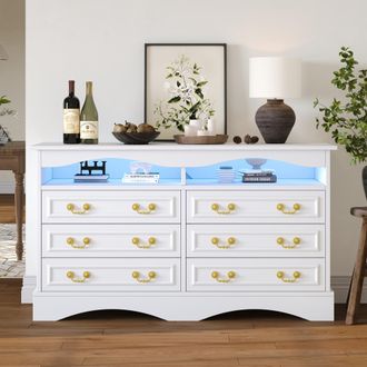 Suky Brand Wohnzimmerschrank,Moderne Kommode mit 6 F&auml;chern, Breite 120 cm,Beistellschrank mit LED-Lichtleiste,Sideboard mit mit halboffenem Stauraum,Geeignet f&uuml;r