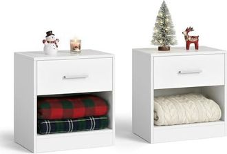 Vasagle Nachttisch, 2er Set, Beistelltisch, mit Schublade, Griff, offenes Fach, Couchtisch, f&uuml;r Schlafzimmer, Wohnzimmer, klassikwei&szlig; LET819T14