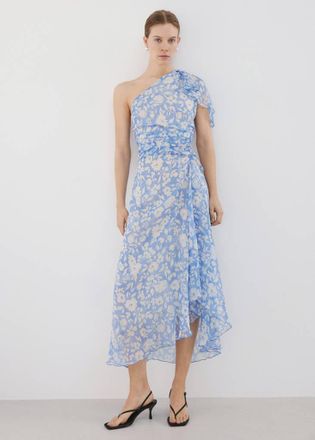 Mango Robe &agrave; fleurs col asym&eacute;trique bleu - Femme - XS - MANGO