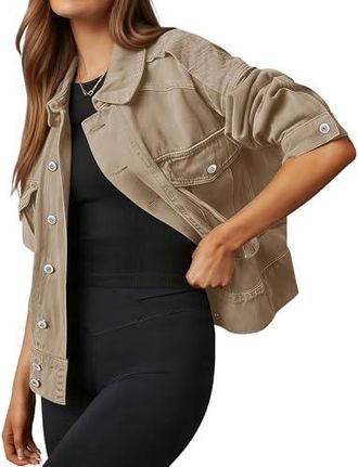 Generic Veste cargo courte en jean pour femme avec boutons sur le devant, manteau en jean d&eacute;contract&eacute; pour printemps, v&ecirc;tements dext&eacute;rieur courts tendance, ka