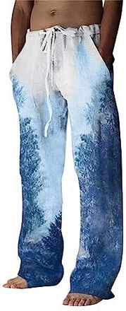 Generic Pantalon de plage d&eacute;t&eacute; long pour homme - Pantalon d&eacute;t&eacute; avec taille &eacute;lastique - Pantalon en lin batik - Pantalon de travail - Coupe droite - Pantalon d