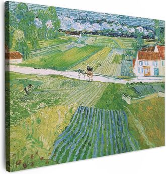 MuchoWow Leinwand Bilder, Einzigartige Wanddeko mit Rahmen, Landschaft mit Kutsche und Zug - Vincent van Gogh, Wandbilder Wohnzimmer, Deko Schlafzimmer 40x30 c