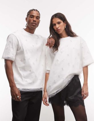 Sister Jane Sister Jane Unisex T-Shirt mit Verzierungen aus T&uuml;ll, Oversize, in Wei&szlig;