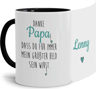 Tassendruck Tasse mit Spruch - Danke Papa mein Held - Keramiktasse zum selbst Beschriften - Geschenk für Papa - Innen & Henkel Schwarz, 300 ml